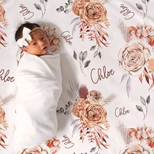 Stork Wares Boho Caramel Floral Personalized Baby Girl Swaddle Blanket, White, 30x40', (BB335)