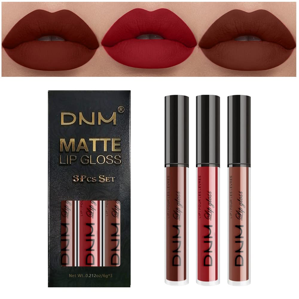 AMY'S DIARY 3Pcs Dark Red Brown Matte 24-Hour Liquid Lipstick Sets, Permanent Stay On Lipstick Lip Set Smudge Proof Matte Labial Mate For Women 24 Horas Originales(Set02)