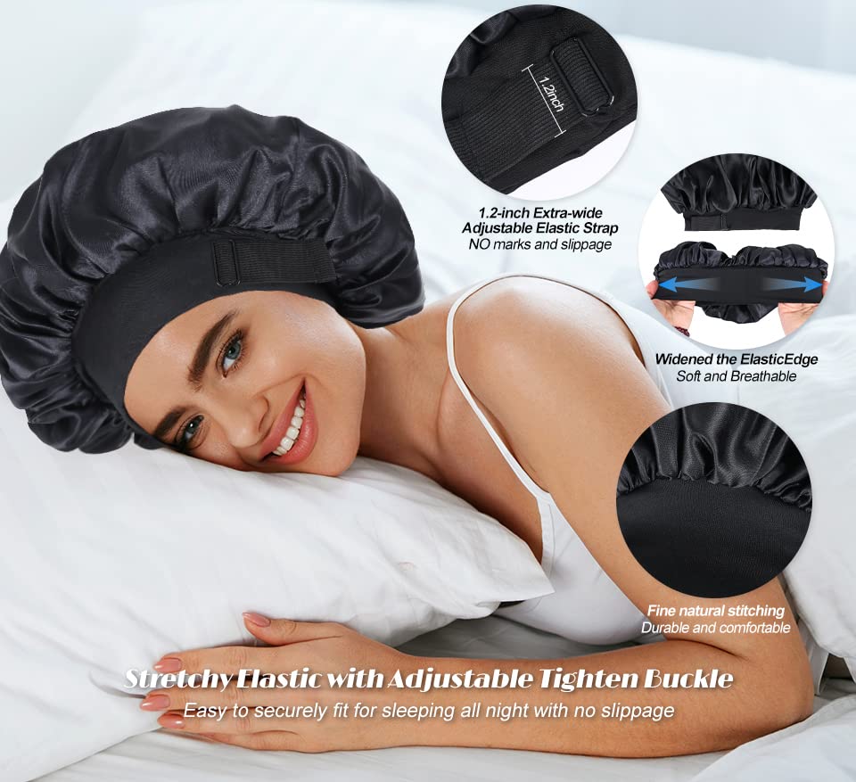 Silk Bonnet for Sleeping Double Layer Satin Bonnet Adjustable Bonnets for Black Women Sleep Cap Reversible Hair Bonnet for Curly Hair (Black)