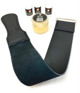 g.b.s leather strop and strop paste, vials of styptic powder