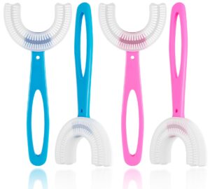 purevacy kids u shaped toothbrush for 2-8 years old, 4 pack blue food-grade silicon all around u shape toothbrush, funny full mouth toothbrush for kids with soft bristles and ergonomic handle