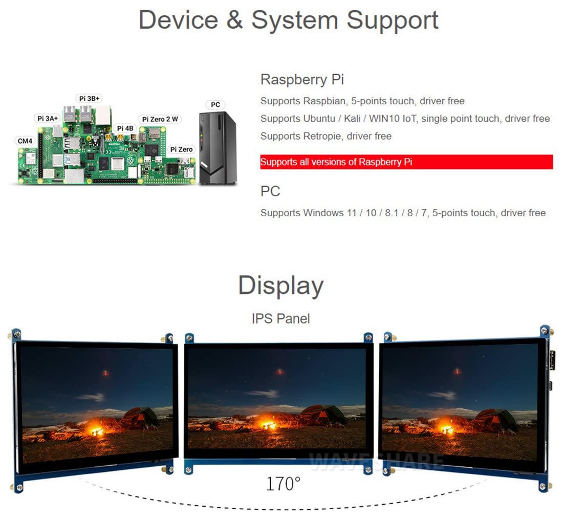 waveshare [Latest Version] Raspberry Pi 4 Display 7inch Capacitive Touch Screen LCD Monitor for Raspberry Pi 400 4 3 Model B Supports All Versions of Raspberry Pi Windows Capacitive