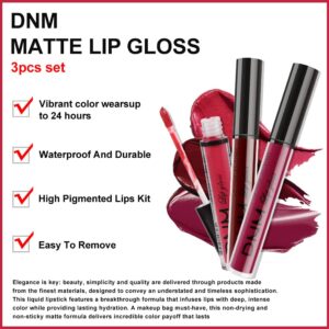 evpct 3Pcs Dark Red Purple Matte 24-hour Liquid Lipstick Sets,DNM Matte Lipstick Lip Stain Long Lasting 24 Smudge Waterproof Lip Gloss Gift Set Matt Lipsticks Set Matt Liquid Women Makeup Lipstick 06