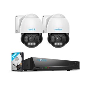 reolink 4k ptz outdoor poe ip security cameras, 5x optical zoom, auto tracking, 3pcs spotlights 190 ft color night vision, two way talk, 2x rlc-823a bundle 4k 8 channel poe nvr rln8-410