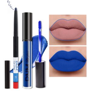 amy's diary 2pcs blue matte lip liner and lipstick makeup set, liquid lipstick 24h and lip liner set matt liquid lips make up waterproof long lasting lipstick matte kit with lip liner (08)