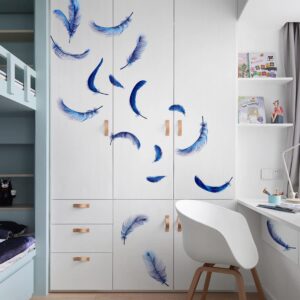 MEFOSS 4 Sheets Blue Feather Wall Decals Peel and Stick DIY Feather Wall Stickers Art for Living Room Bedroom Kids Room Wall Decor Kitchen Window Furniture Decorations