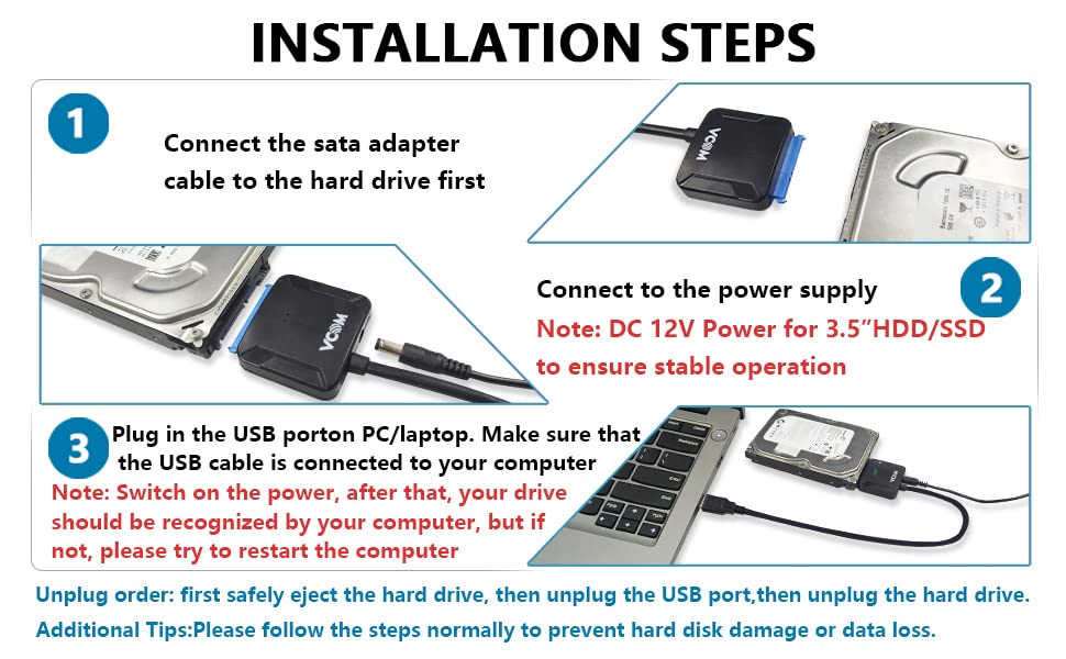 VCOM SATA to USB Adapter, USB 3.0 to SATA Cable for 3.5 2.5 Inch SSD HDD SATA III Hard Drive Disk, Support UASP Compatible with USB 1.1/2.0/3.0 (with External 12V/2A Power)