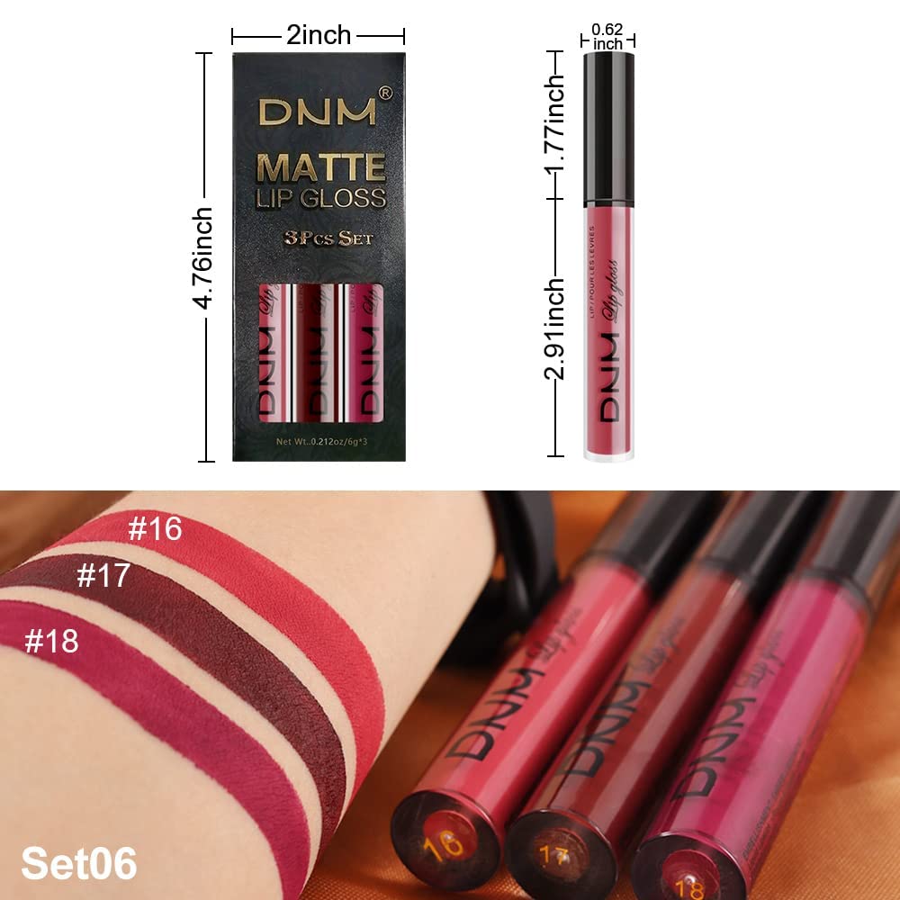 evpct 3Pcs Dark Red Purple Matte 24-hour Liquid Lipstick Sets,DNM Matte Lipstick Lip Stain Long Lasting 24 Smudge Waterproof Lip Gloss Gift Set Matt Lipsticks Set Matt Liquid Women Makeup Lipstick 06