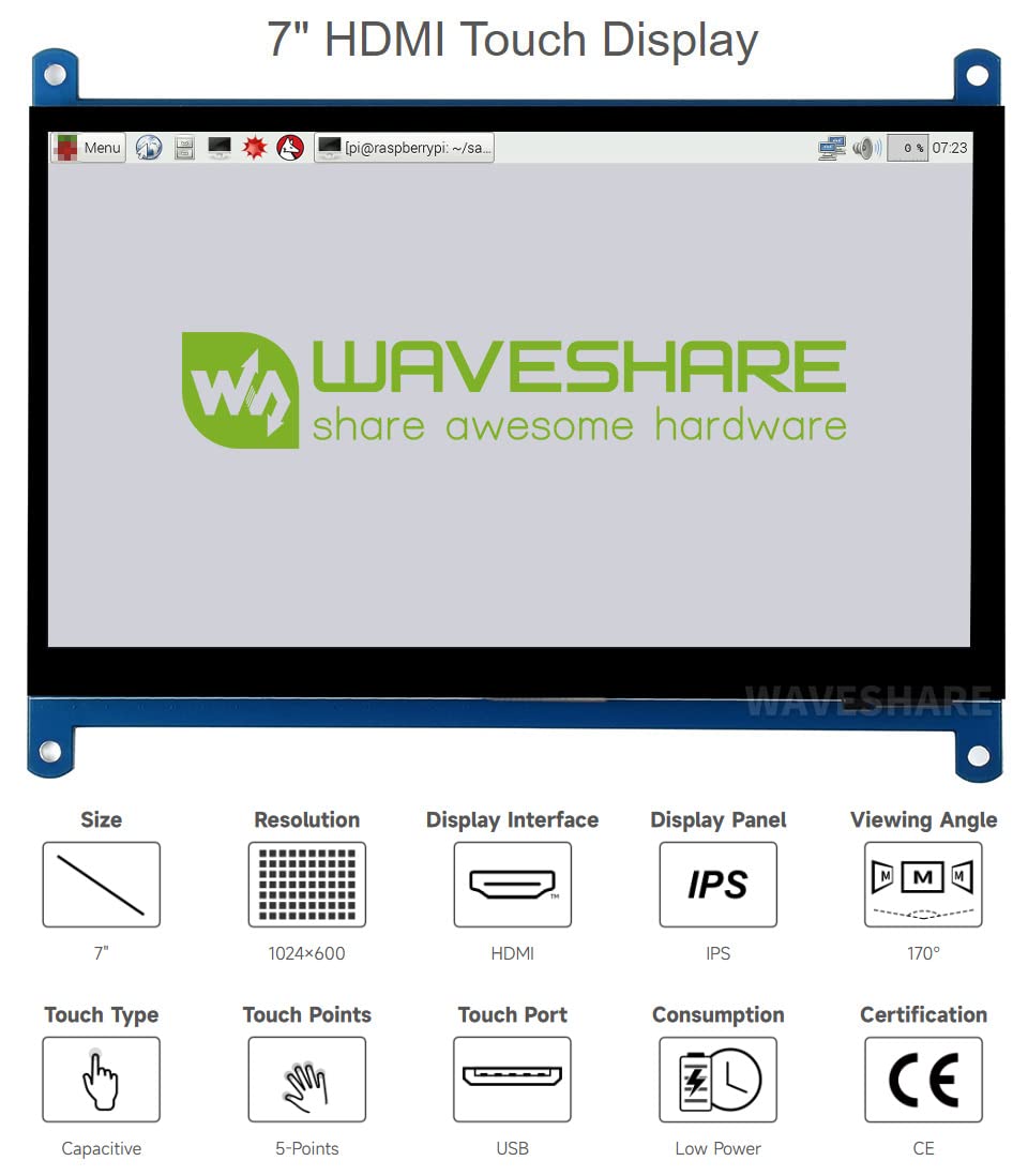 waveshare [Latest Version] Raspberry Pi 4 Display 7inch Capacitive Touch Screen LCD Monitor for Raspberry Pi 400 4 3 Model B Supports All Versions of Raspberry Pi Windows Capacitive