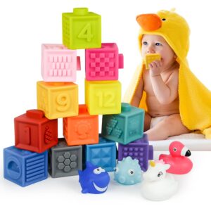 woby 16 pcs baby blocks soft building blocks baby toys teethers toy stacking bath toys learning toys with numbers animals fruits for infants toddlers age 6 to 12 months up