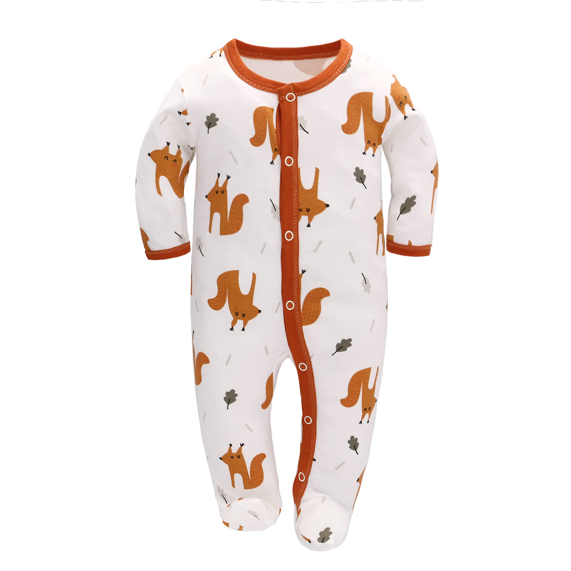 LAT 3 Pcs Infant Girls Boys Footie Onesies Sleeper Newborn Cotton Sleepwear Outfits (Orange fox + Raindrops, S (56cm))