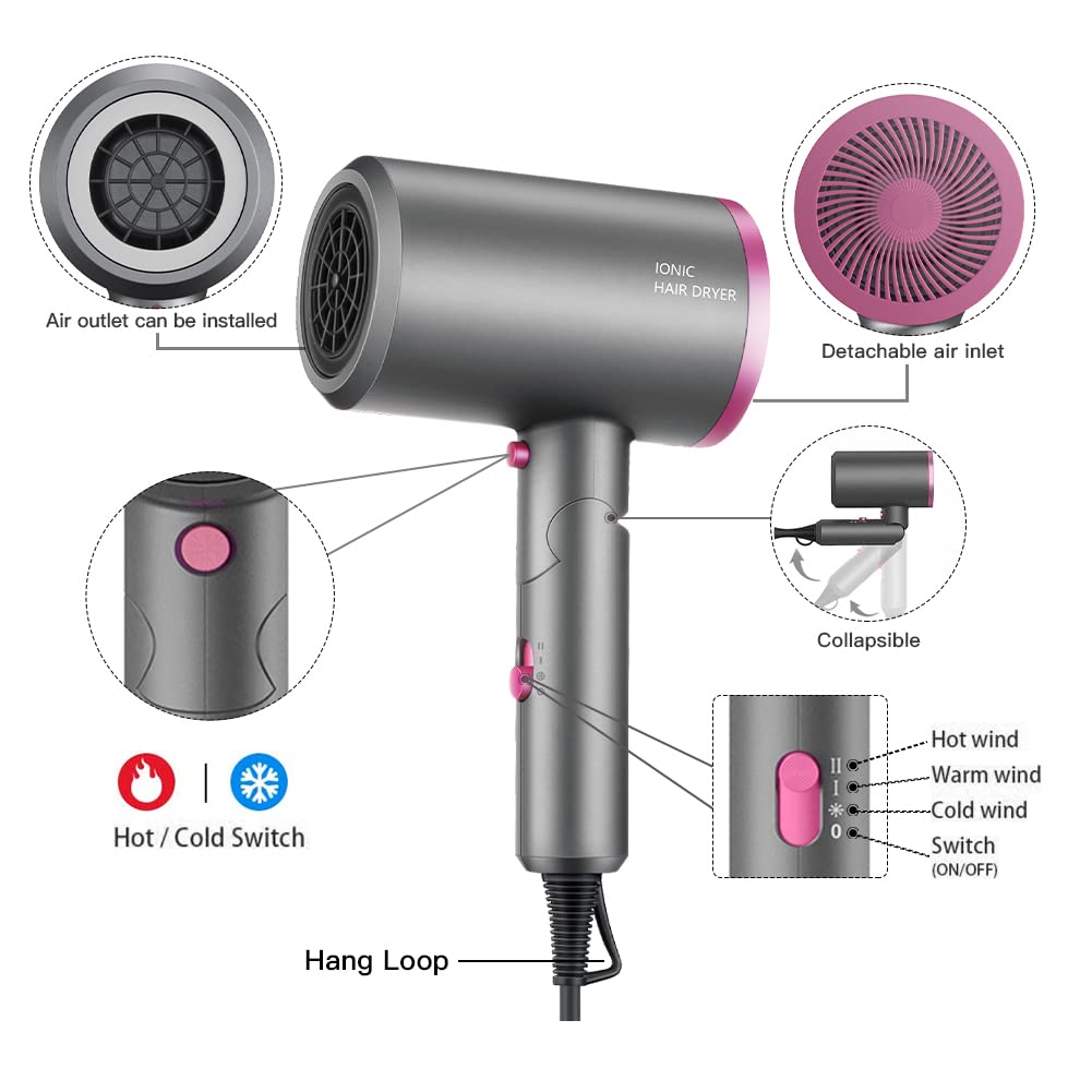 Hair Dryer, Foldable Ionic Hair Blow Dryer 1800W Fast Drying Professional Negative Hairdryer Blowdryer 3 Heat/ 2 Speed/ Cold Settings with 2 Nozzles & 1 Diffuser for Home & Travel Hair Styling