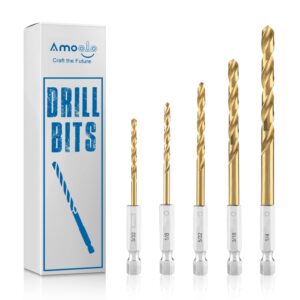 amoolo hex shank drill bit set, 5pcs titanium hss twist impact drill bit set for metal, steel, wood, plastic, quick change design (3/32" - 1/4")