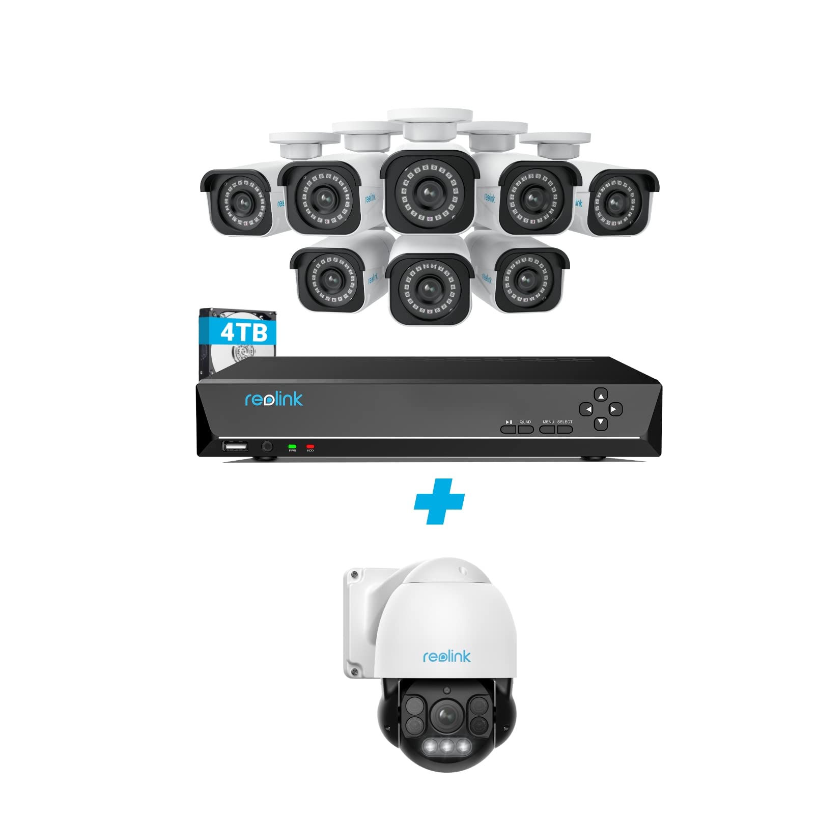 REOLINK 4K Security Camera System, Smart Person Vehicle Detection Wired Outdoor Indoor PoE Kit, RLK16-800B8 Bundle with PTZ PoE Camera RLC-823A