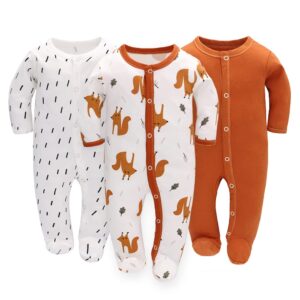 lat 3 pcs infant girls boys footie onesies sleeper newborn cotton sleepwear outfits (orange fox + raindrops, s (56cm))