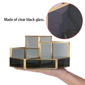 ELLDOO Multi-Functional Geometric Triangle Makeup Brush Holder, Gold Clear Black Glass Composite Hexagon Tray Jewery Organizer Nail Polish Skincare Perfume Lipstick Holder Storage for Dresser Bedroom