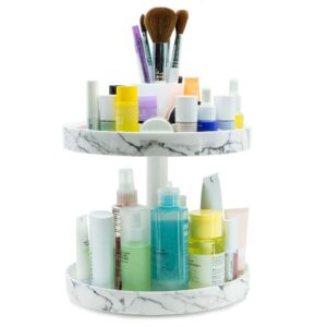 the salon project makeup organizer, 360 degree rotating adjustable 2 level cosmetic storage display in white marble - fits jewelry, cosmetics, makeup brushes, lotions, skincare, and more.