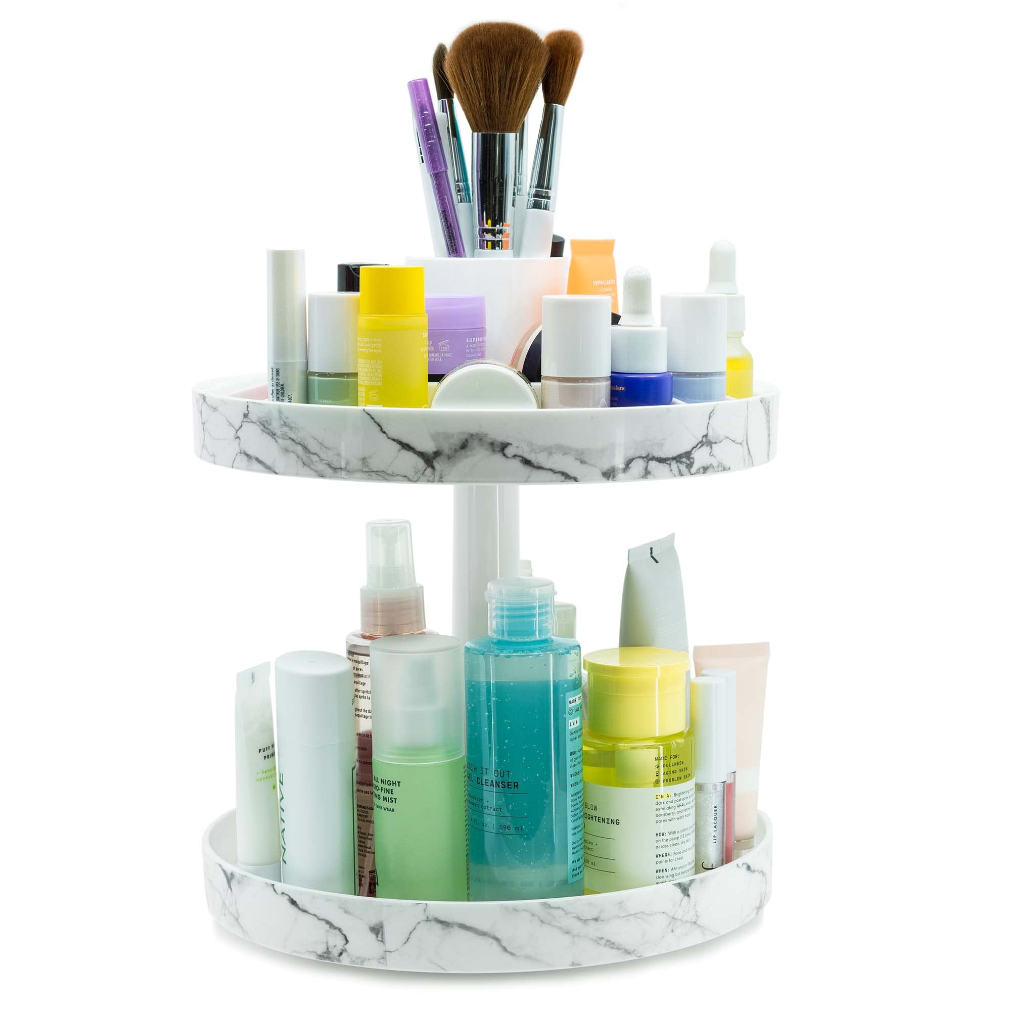 The Salon Project Makeup Organizer, 360 Degree Rotating Adjustable 2 Level Cosmetic Storage Display in White Marble - Fits Jewelry, Cosmetics, Makeup Brushes, Lotions, Skincare, and More.