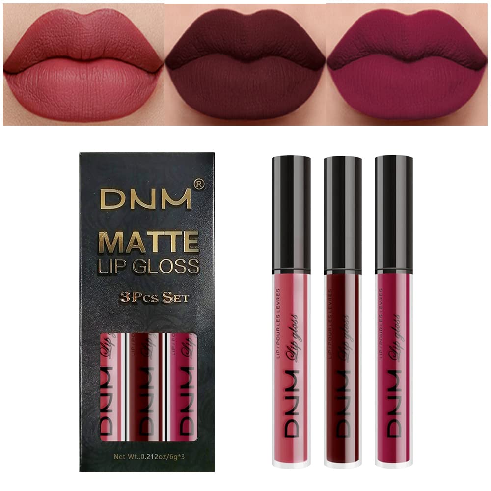 evpct 3Pcs Dark Red Purple Matte 24-hour Liquid Lipstick Sets,DNM Matte Lipstick Lip Stain Long Lasting 24 Smudge Waterproof Lip Gloss Gift Set Matt Lipsticks Set Matt Liquid Women Makeup Lipstick 06