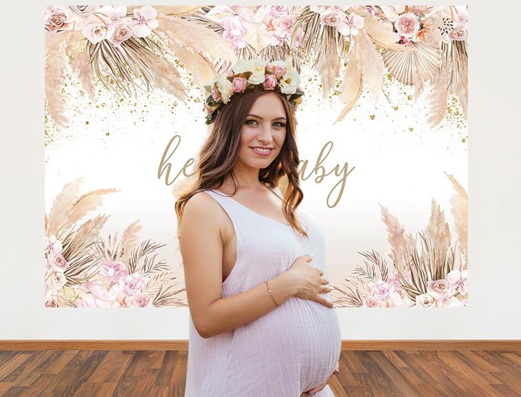 Mocsicka Boho Baby Shower Backdrop for Girl Floral Baby Girl Baby Shower Background Pink Pampas Grass It's a Girl Baby Shower Party Cake Table Decoration Photo Booth Props (7x5ft)