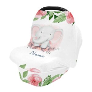 cute elephant print with baby name personalized car seat covers for babies, multi-use cover ups for stroller high chair shopping cart gifts, carseat canopy for girls (rose flower)