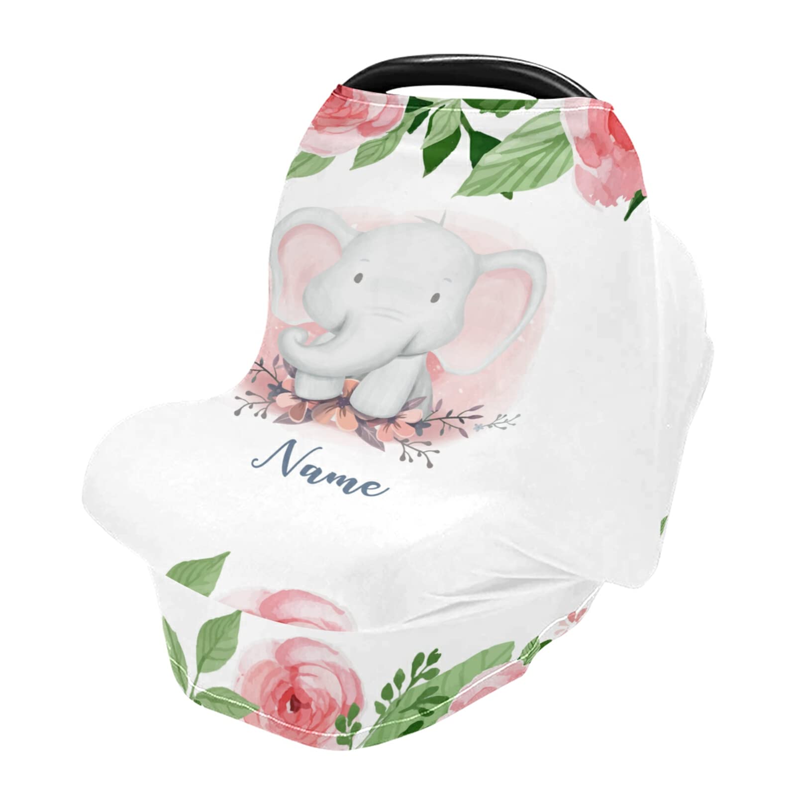 Cute Elephant Print with Baby Name Personalized Car Seat Covers for Babies, Multi-Use Cover Ups for Stroller High Chair Shopping Cart Gifts, Carseat Canopy for Girls (Rose Flower)