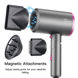 Hair Dryer, Foldable Ionic Hair Blow Dryer 1800W Fast Drying Professional Negative Hairdryer Blowdryer 3 Heat/ 2 Speed/ Cold Settings with 2 Nozzles & 1 Diffuser for Home & Travel Hair Styling