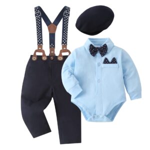 yallet baby boy clothes set infant tuxedo long sleeve gentleman suit outfits + beret hat + suspender pants + bowtie 0-18m