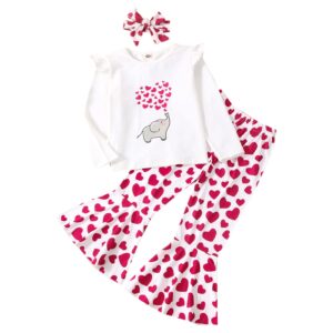 eadrioss 3pcs baby girl valentine's day clothes sets ruffle long sleeve top heart print flared pants little valentines outfits (white, 2-3t)