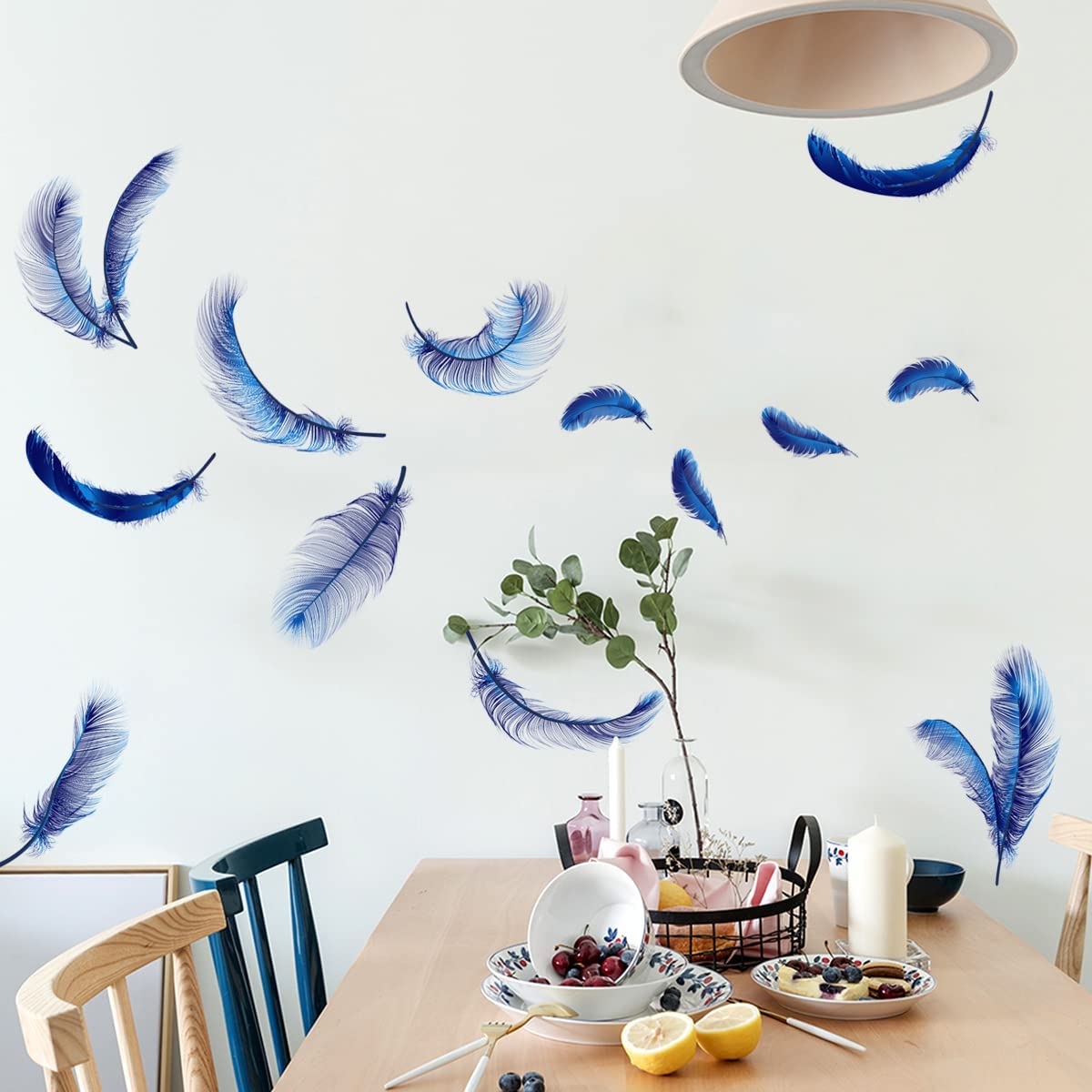 MEFOSS 4 Sheets Blue Feather Wall Decals Peel and Stick DIY Feather Wall Stickers Art for Living Room Bedroom Kids Room Wall Decor Kitchen Window Furniture Decorations