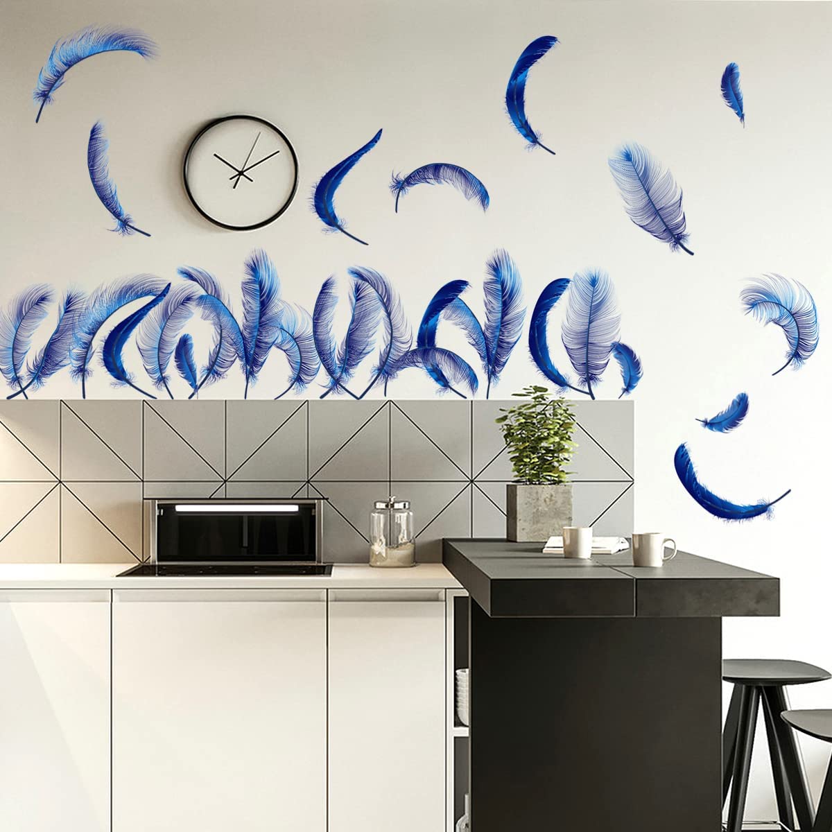 MEFOSS 4 Sheets Blue Feather Wall Decals Peel and Stick DIY Feather Wall Stickers Art for Living Room Bedroom Kids Room Wall Decor Kitchen Window Furniture Decorations