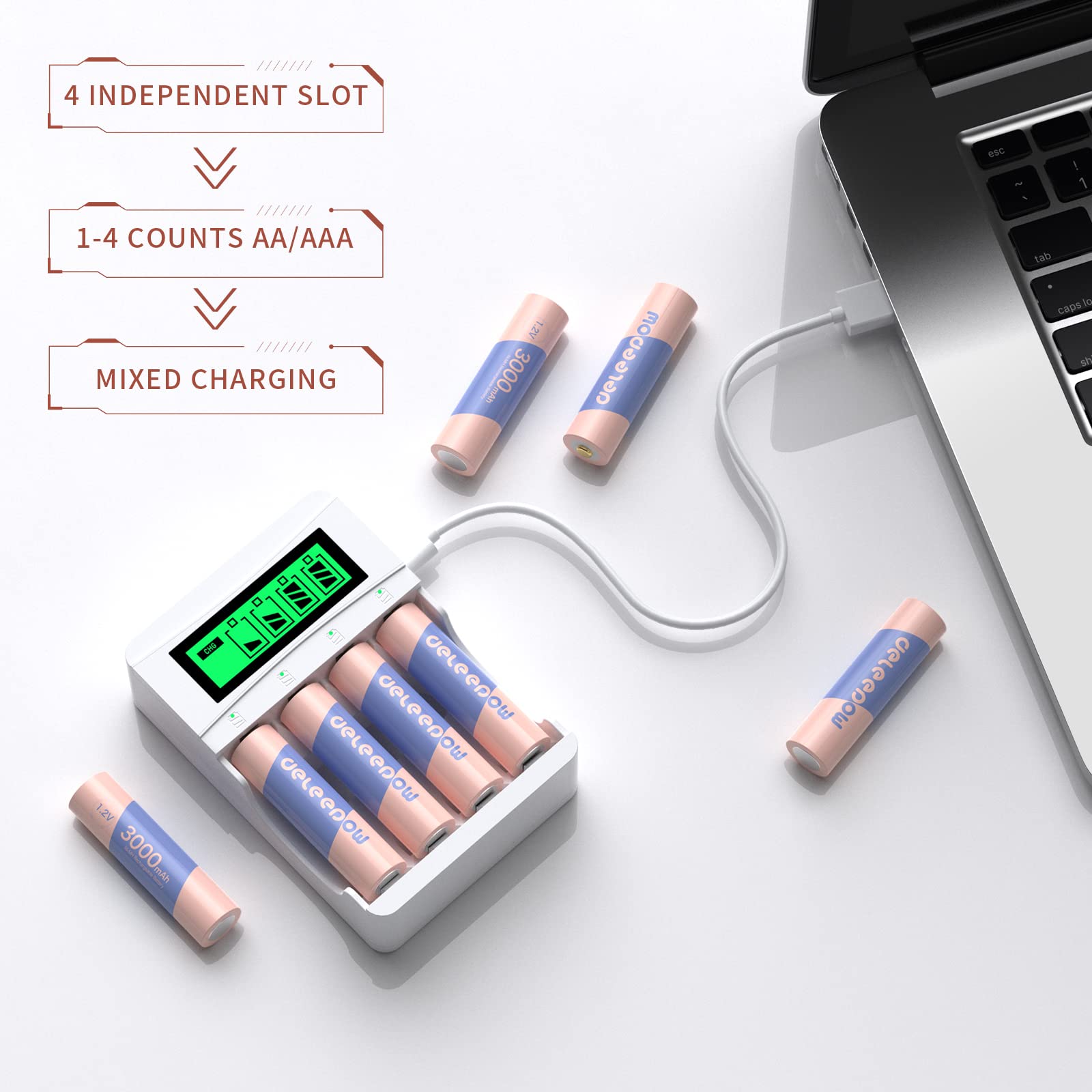 Deleepow AA Rechargeable Batteries 1.2V AA Batteries 8-Pack Nimh Double A Batteries 3000mAh 1200 Cycles with LCD Charger