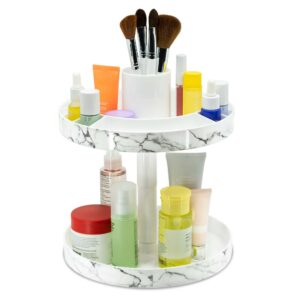 The Salon Project Makeup Organizer, 360 Degree Rotating Adjustable 2 Level Cosmetic Storage Display in White Marble - Fits Jewelry, Cosmetics, Makeup Brushes, Lotions, Skincare, and More.