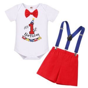 baby boy first birthday cake smash outfit my 1st birthday party photo shooting props gentleman bow tie cotton short sleeve romper bodysuit y-back suspenders shorts pants 3pcs set red 12-18 months