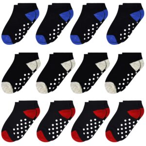 grpskcos toddler socks with grippers 12 pairs colorful cotton non-skid crew socks for 1-8 years kids baby boys girls (01 blue*4+grey*4+red*4, 6-8 years)