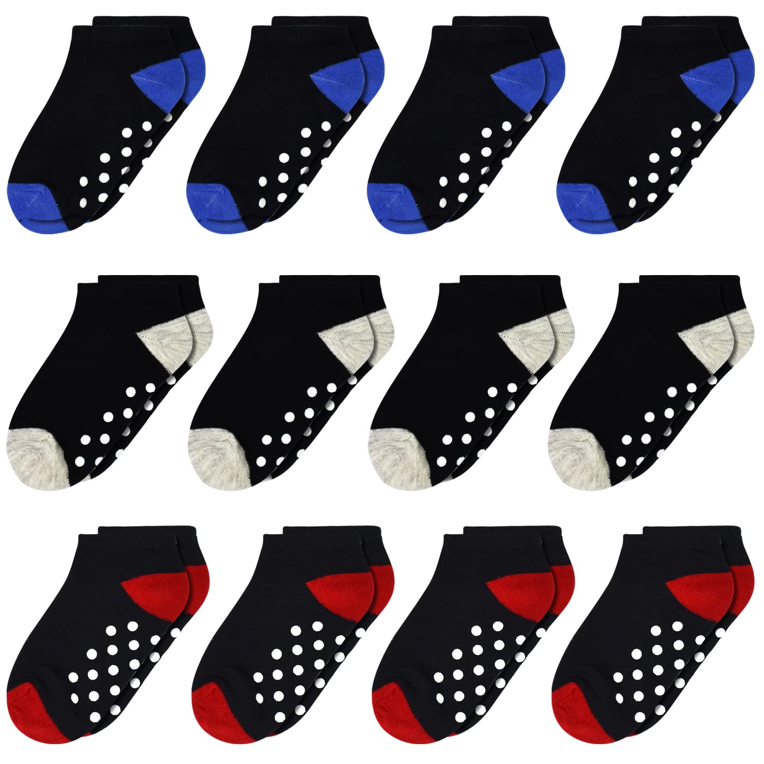 GRPSKCOS Toddler Socks with Grippers 12 Pairs Colorful Cotton Non-Skid Crew Socks for 1-8 Years Kids Baby Boys Girls (01 Blue*4+grey*4+red*4, 6-8 Years)