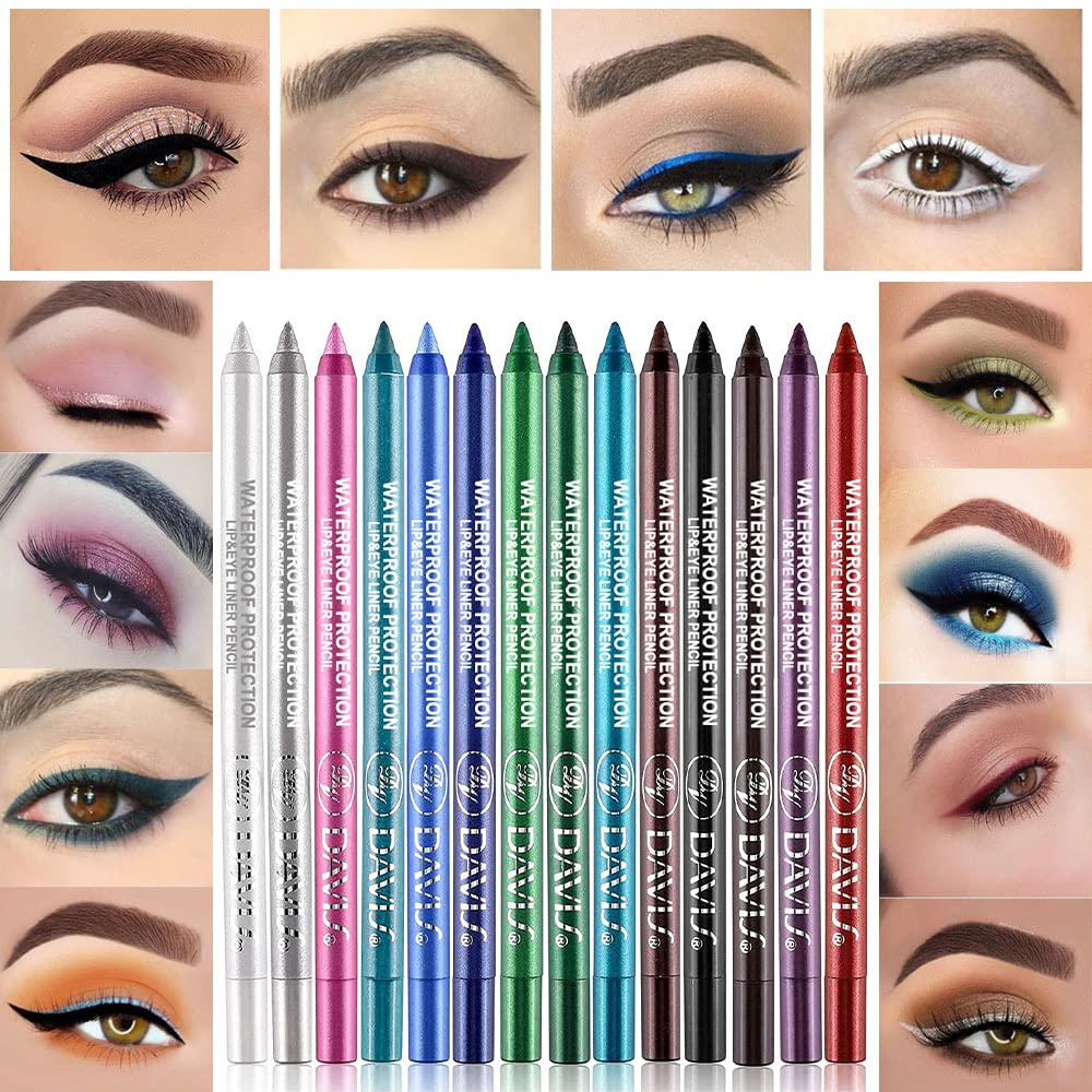 12 Colors Matte Eyeliner Pen Set,Bright Light Blue Red White Silver Colored Eyeliner Pencil Set,Pearl Metallic Glitter Eyeliner Pencil Kit,Waterproof Professional Eye Makeup Eyeliner Color Sets T01