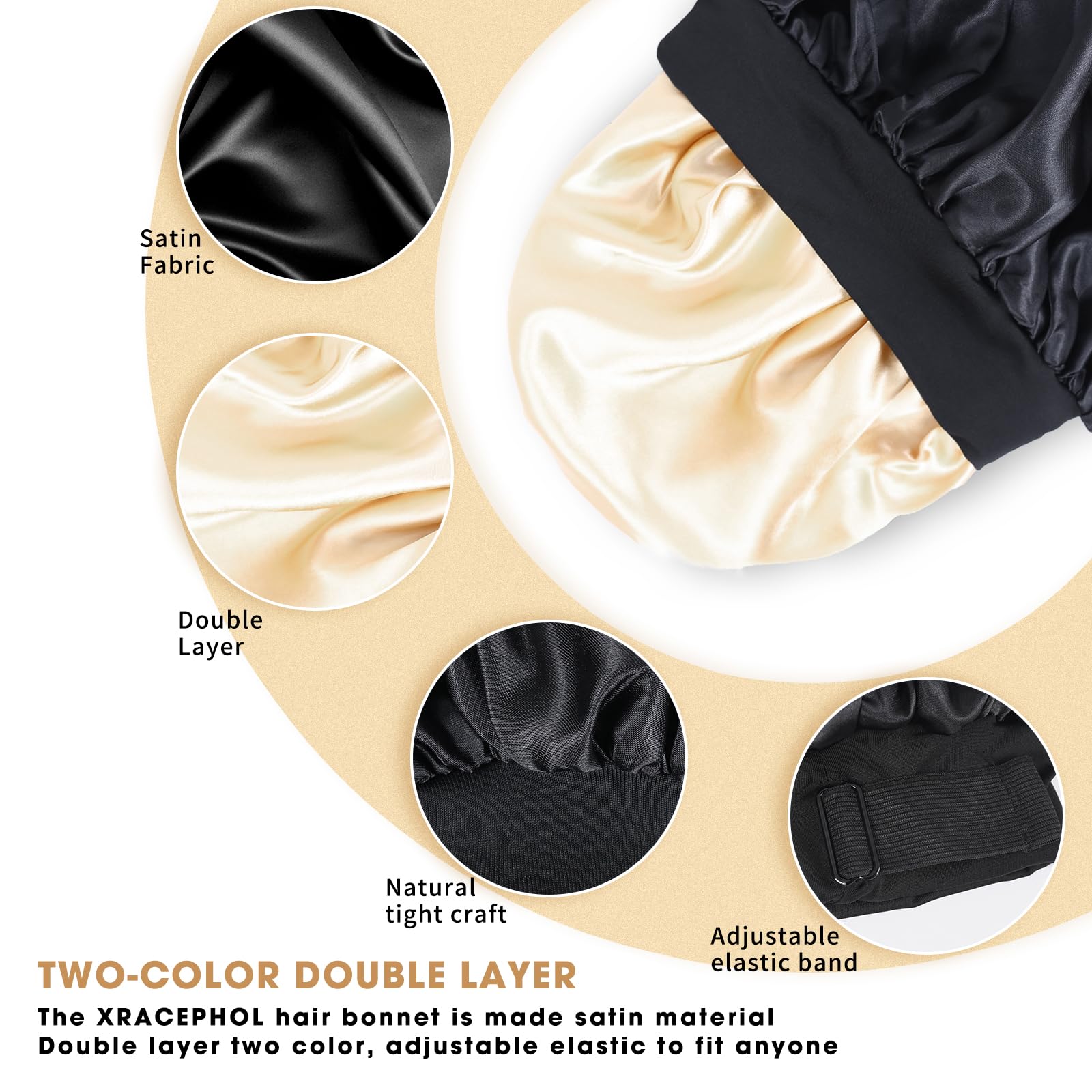 Silk Bonnet for Sleeping Double Layer Satin Bonnet Adjustable Bonnets for Black Women Sleep Cap Reversible Hair Bonnet for Curly Hair (Black)