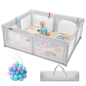 vivohome large baby playpen with mat, ocean balls, net basket and pull rings, safety play center yard with gate for kids activity center, light gray