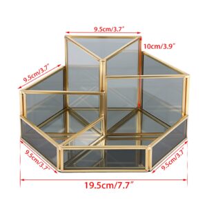 ELLDOO Multi-Functional Geometric Triangle Makeup Brush Holder, Gold Clear Black Glass Composite Hexagon Tray Jewery Organizer Nail Polish Skincare Perfume Lipstick Holder Storage for Dresser Bedroom