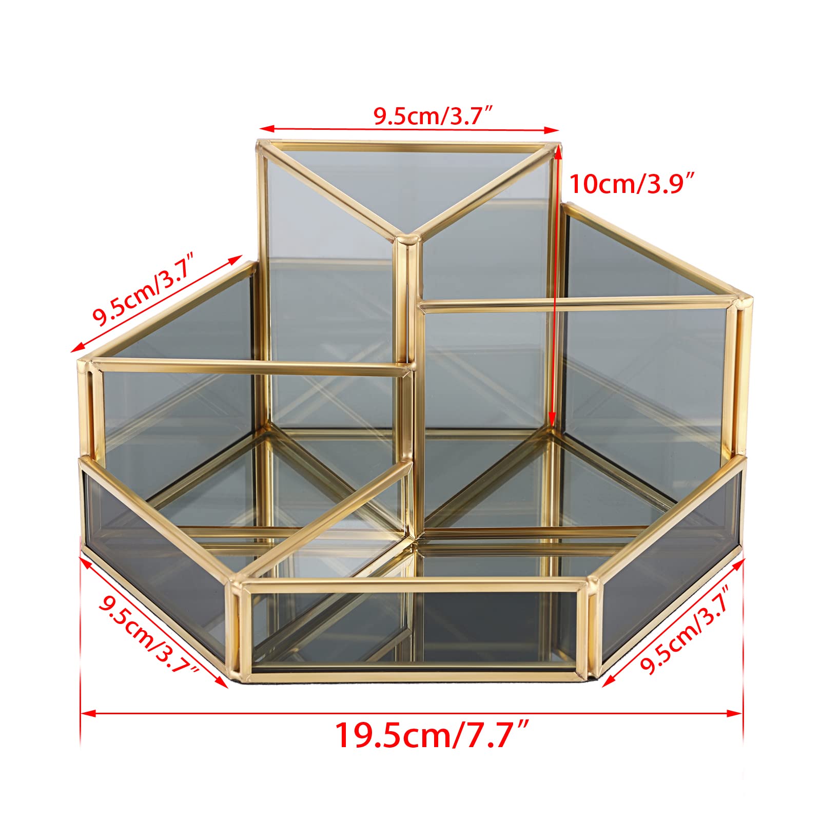 ELLDOO Multi-Functional Geometric Triangle Makeup Brush Holder, Gold Clear Black Glass Composite Hexagon Tray Jewery Organizer Nail Polish Skincare Perfume Lipstick Holder Storage for Dresser Bedroom