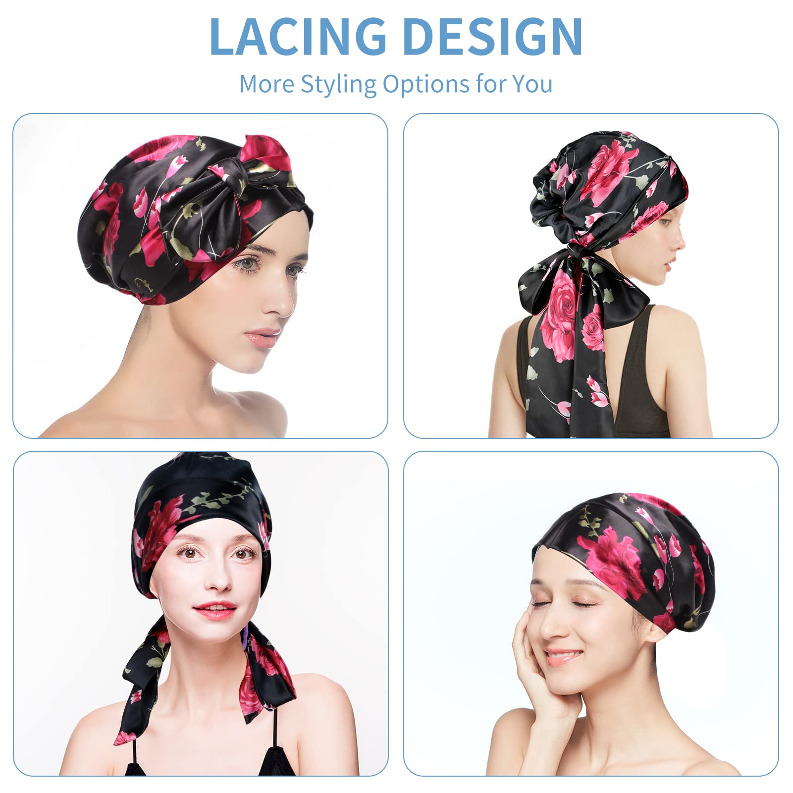 Bonnet with Tie Band Satin Silk Bonnet for Sleeping with Straps Silk Night Cap for Women Curly Hair Natural Long Wraps for Women Sleeping Protects Hair Give Away Red Hair Ring