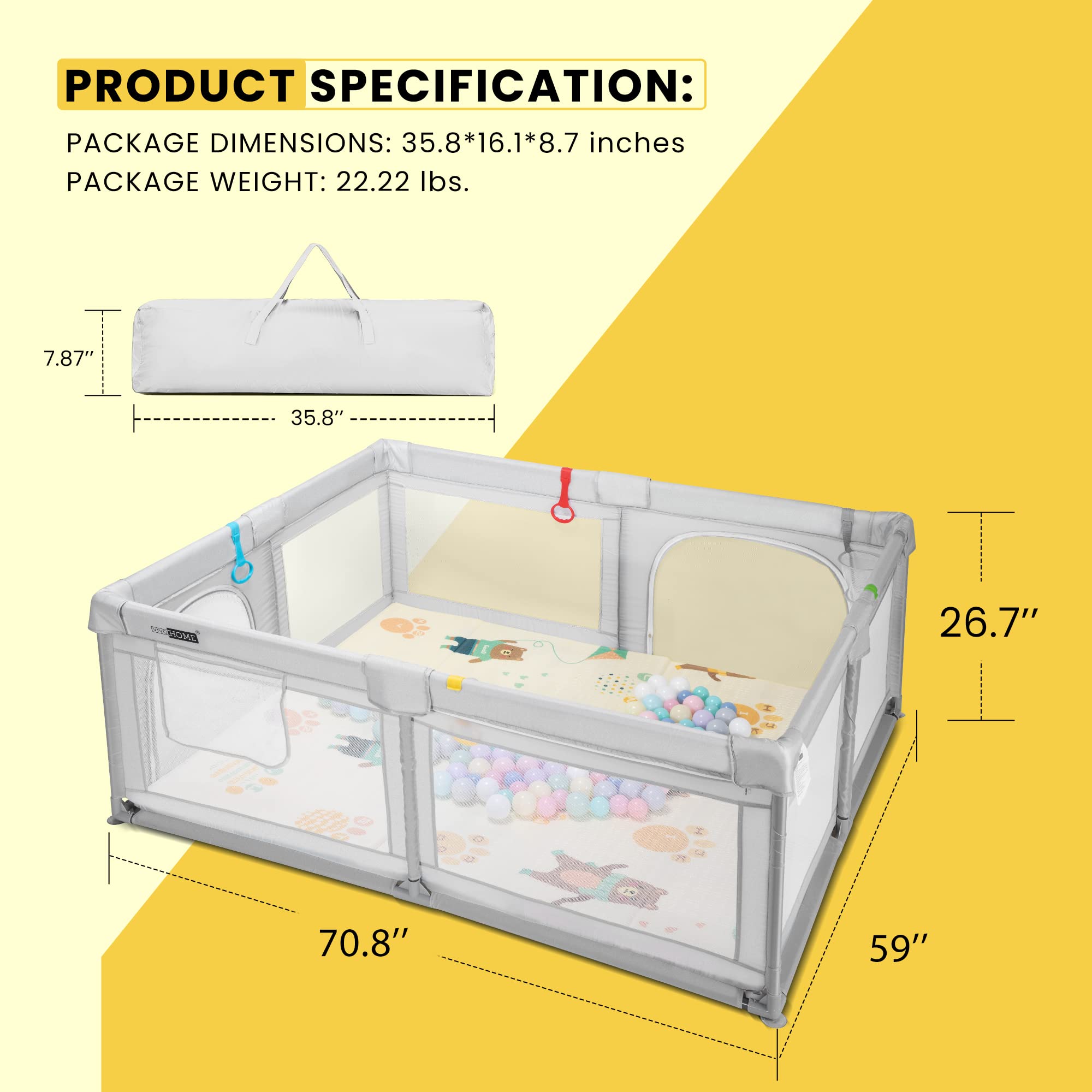 VIVOHOME Large Baby Playpen with Mat, Ocean Balls, Net Basket and Pull Rings, Safety Play Center Yard with Gate for Kids Activity Center, Light Gray