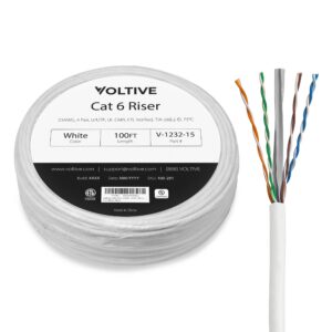 voltive cat6 riser (cmr), 100ft, white - solid bare copper bulk ethernet cable - utp - 600mhz - ul certified & etl verified