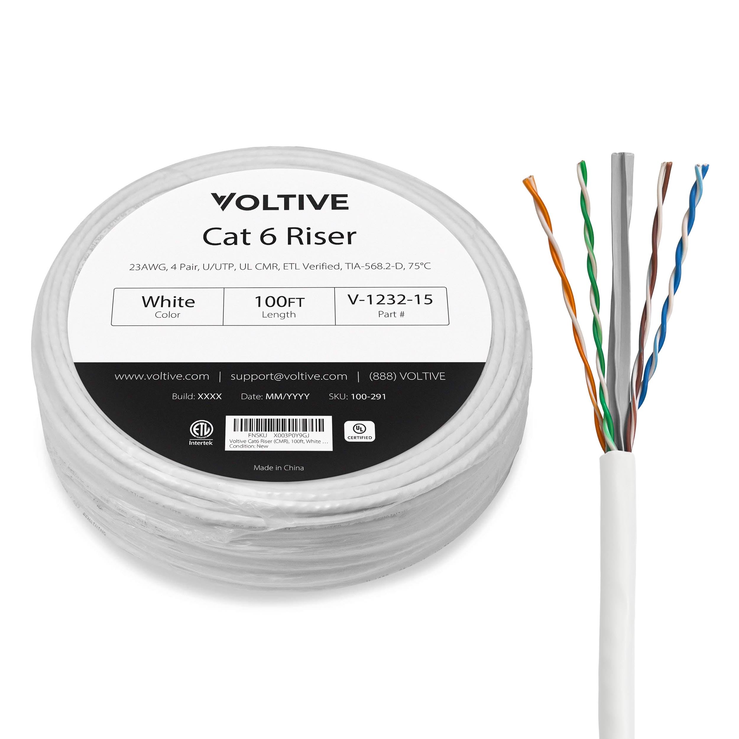 Voltive Cat6 Riser (CMR), 100ft, White - Solid Bare Copper Bulk Ethernet Cable - UTP - 600MHz - UL Certified & ETL Verified