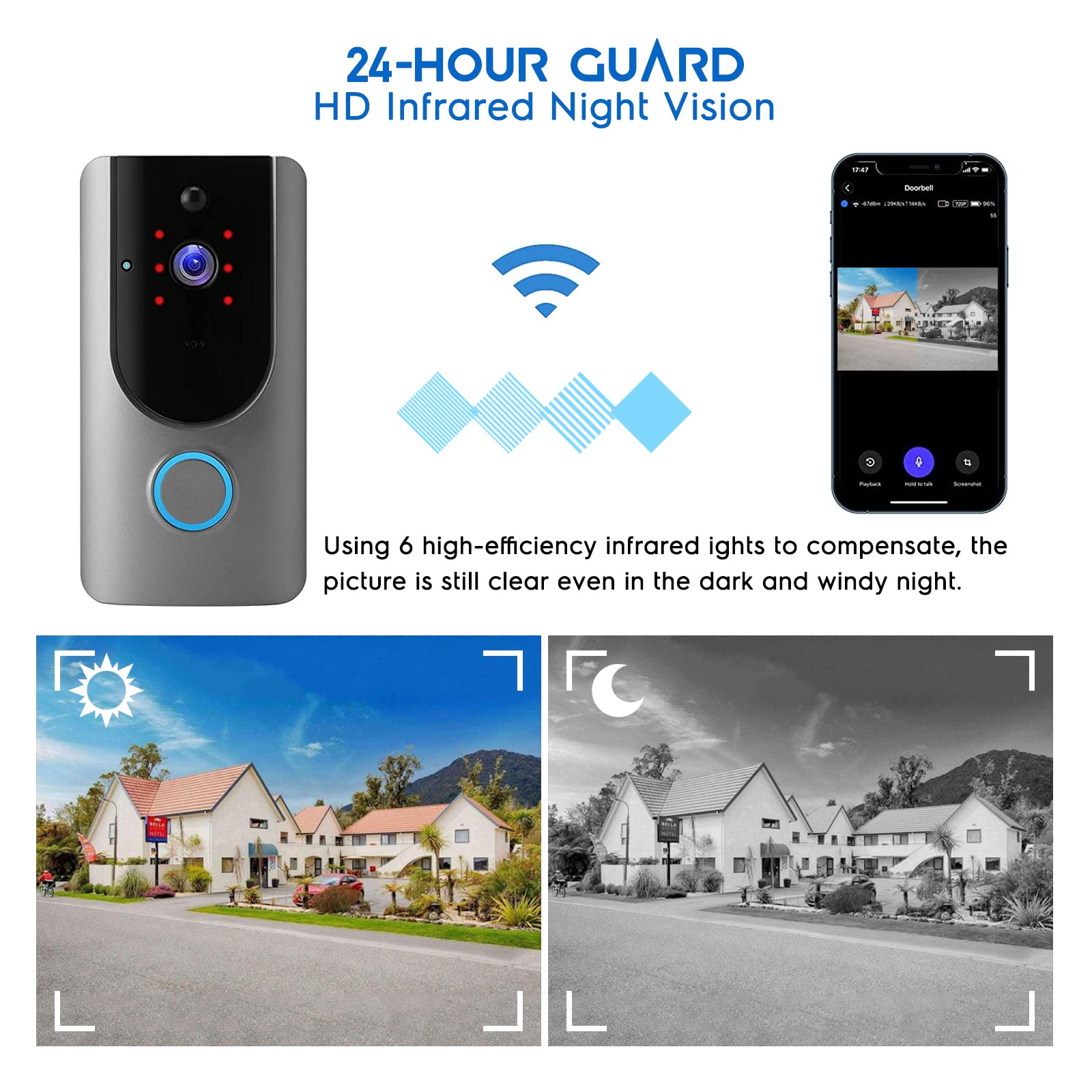 HD Smart Wireless Video Doorbell Camera WiFi with Motion Detector, Doorbell Security Camera, 2.4GHz WiFi, Free Cloud Storage, Night Vision, Two-Way Audio, Real-time Video, for iOS & Android (Doorbell)