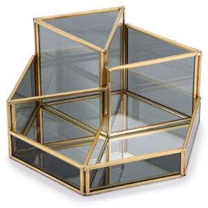 elldoo multi-functional geometric triangle makeup brush holder, gold clear black glass composite hexagon tray jewery organizer nail polish skincare perfume lipstick holder storage for dresser bedroom