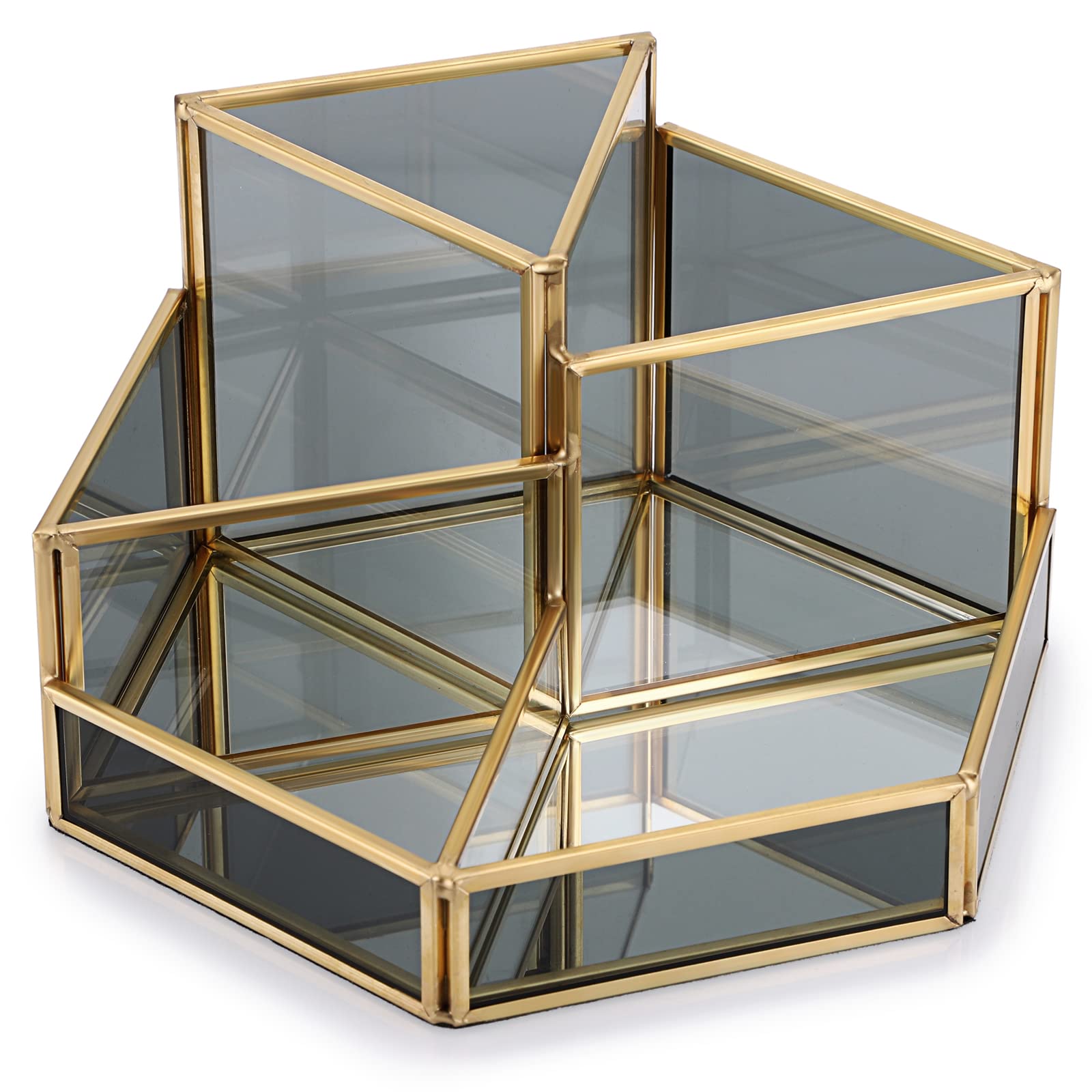 ELLDOO Multi-Functional Geometric Triangle Makeup Brush Holder, Gold Clear Black Glass Composite Hexagon Tray Jewery Organizer Nail Polish Skincare Perfume Lipstick Holder Storage for Dresser Bedroom