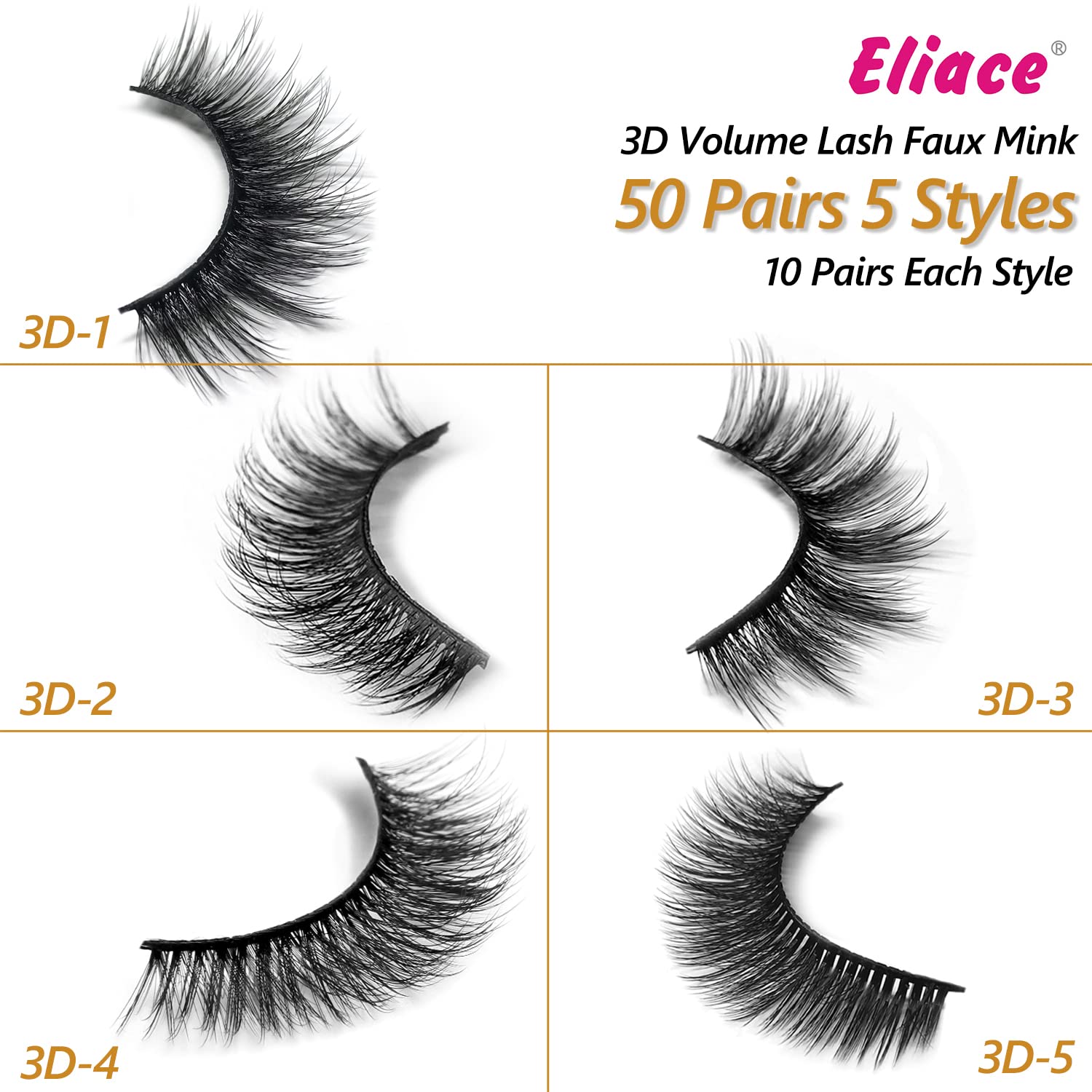 Eliace False Eyelashes Kit, Cat Eye Mink Lashes 50 Pairs Super Value Pack with 5 Stylish Styles, Volume 3D Faux Mink Lashes Curly & Full, Fake Eyelashes for a Natural Look, Eye Lashes Sets Pack