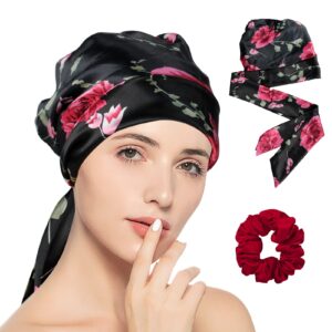 bonnet with tie band satin silk bonnet for sleeping with straps silk night cap for women curly hair natural long wraps for women sleeping protects hair give away red hair ring